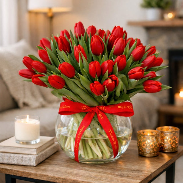 Crimson Red Tulips in Vase | Flower Delivery Dubai | Flower Station